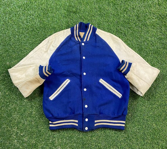 Vintage Blue Varsity Bomber Jacket Size Medium M Vars… - Gem