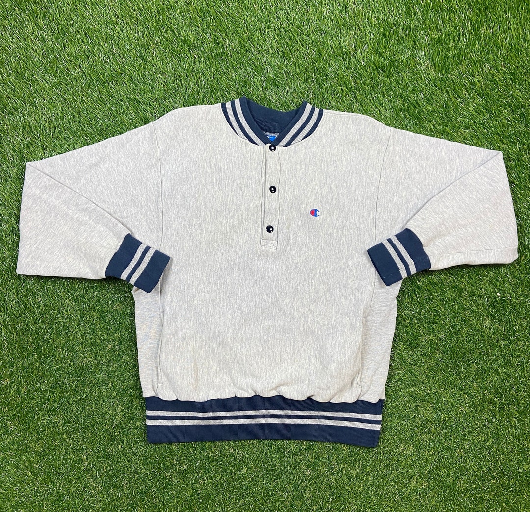 Vintage Gray Champion Button up Crewneck Sweatshirt Size Large L ...