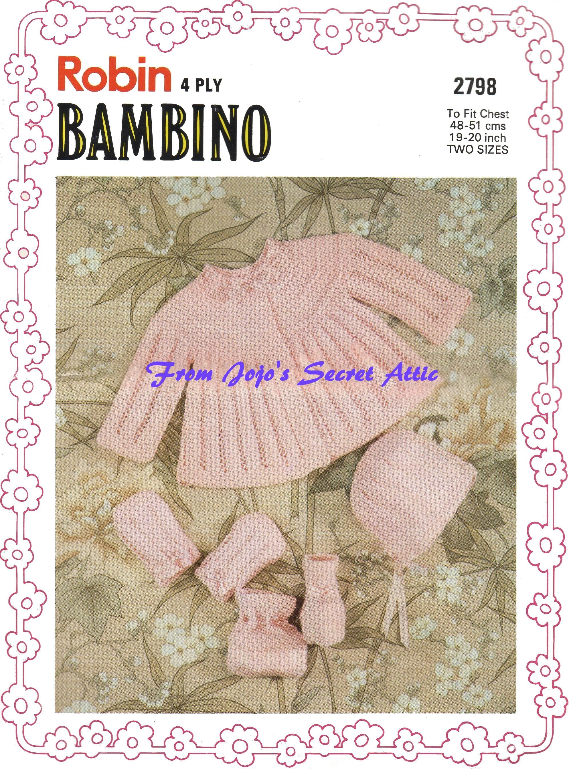 Robin Bambino 4 Ply Knitting Pattern 2798 Coat Bonnet Bootees and Mitts ...