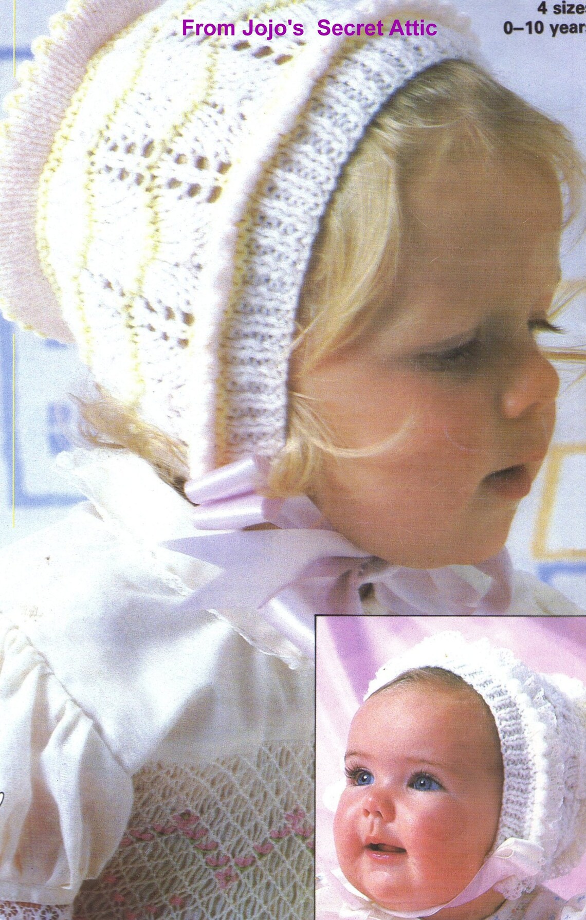 DK Pattern for Girl's Bonnets in Two Versions 4 Sizes 0-11 Months 1-2 ...