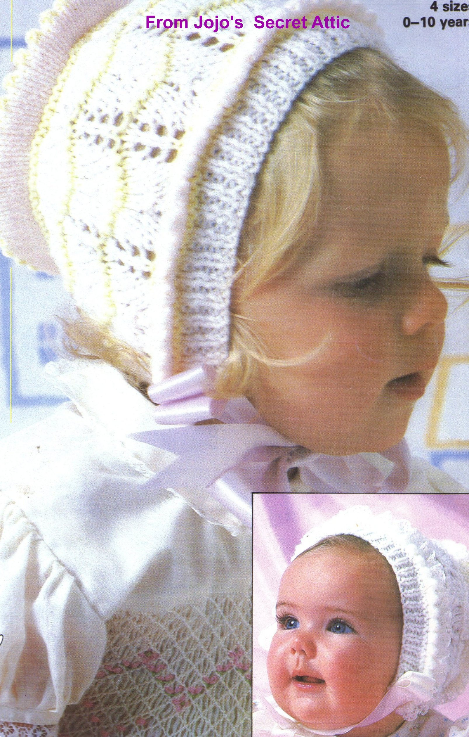 DK Pattern for Girl's Bonnets in Two Versions 4 Sizes 0-11 Months 1-2 ...