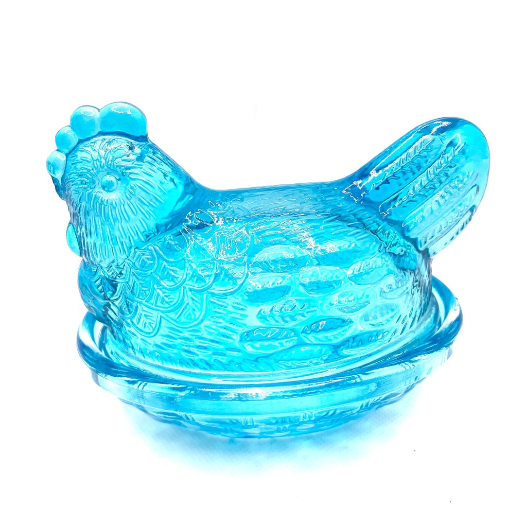 Vintage Blue Glass Hen on Nest Dish – 5” Long – Farmhouse Kitchen Decor ...
