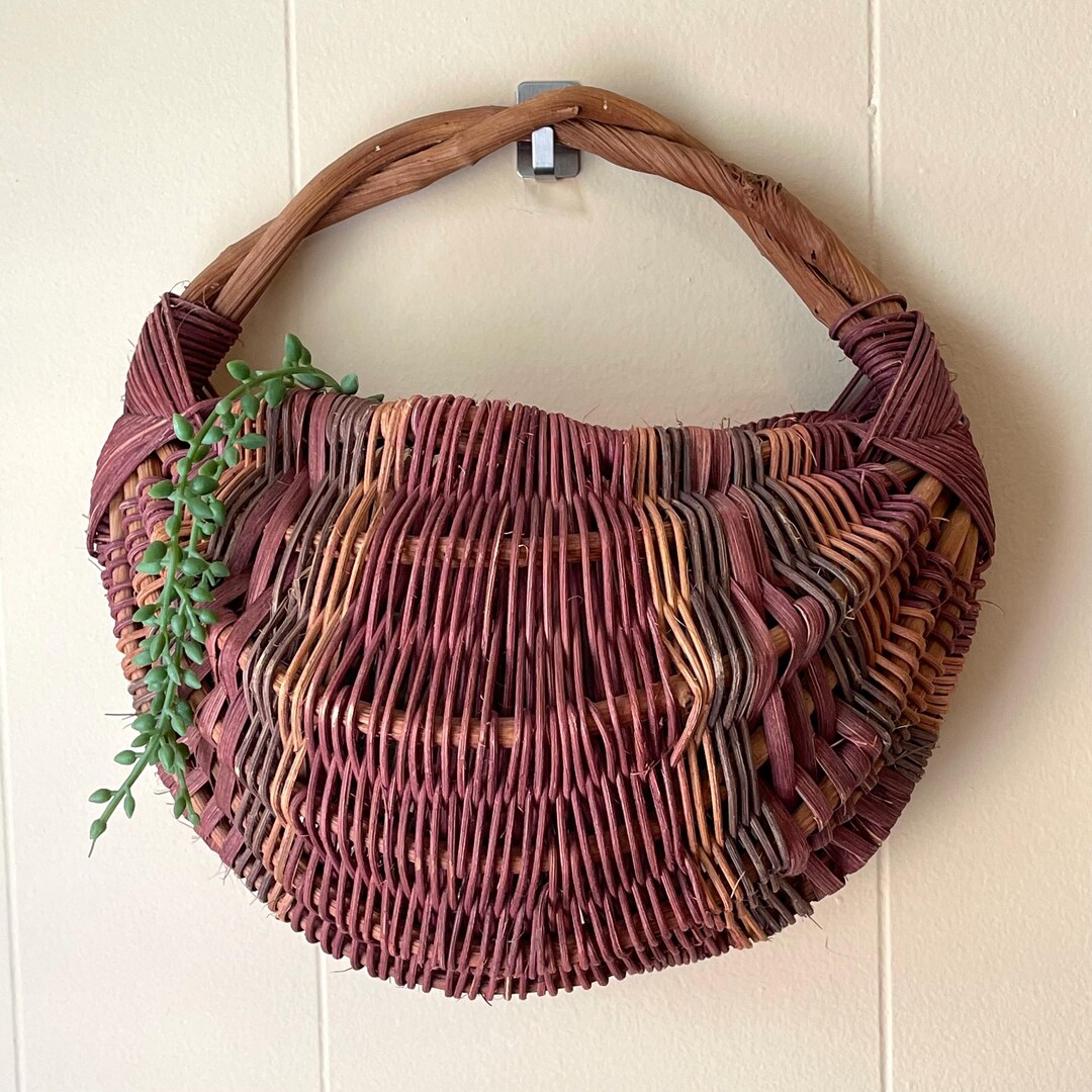 Vintage Woven Half Moon Basket Wall Pocket | Pink & Natural Rattan ...