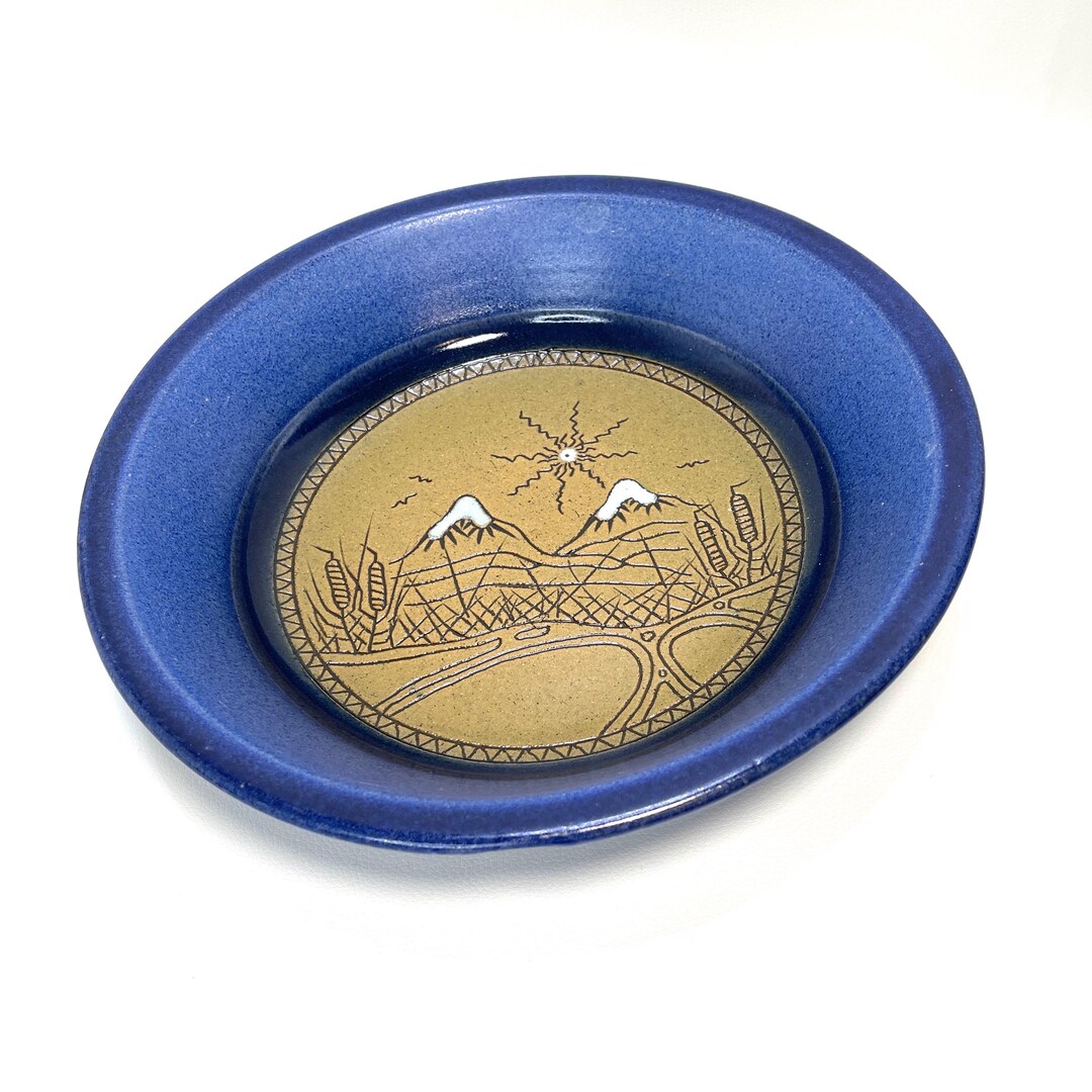 Olaf Pottery Signed Plate – 12" Blue Glazed Scenic Bowl – Studio ...
