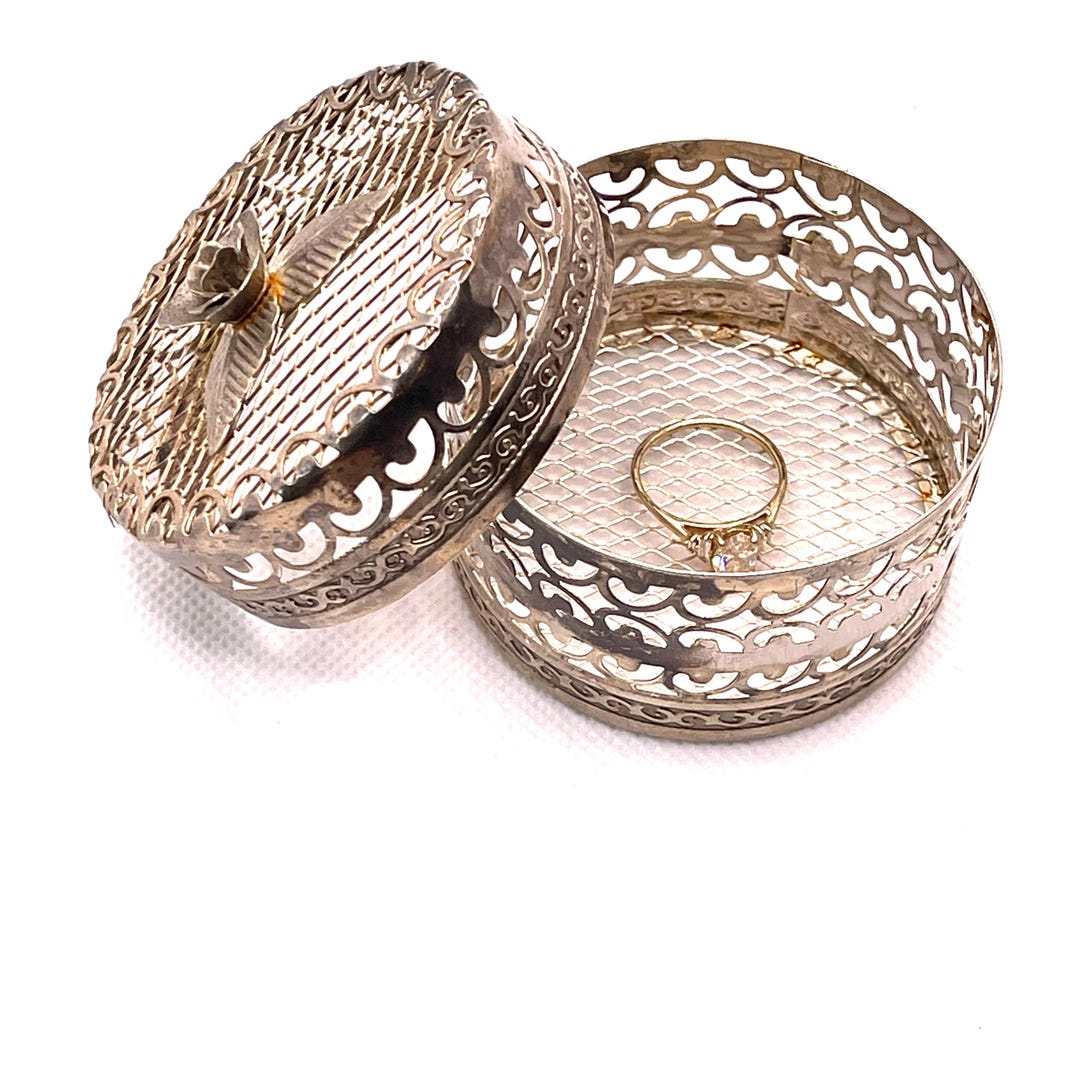 Vintage Silver Filigree Trinket Box Ornate Metal, Rose Detail, Mesh ...