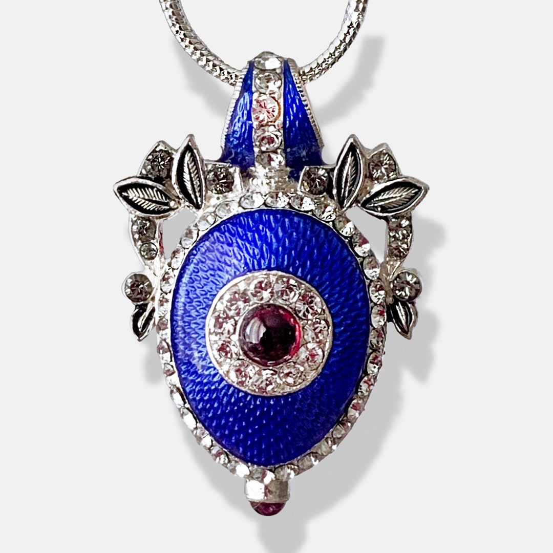 EVIL EYE luck Charm BLUE Guilloché Enamel Faberge Egg Pendant, Sterling ...