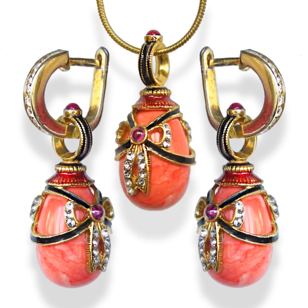 925 STERLING CORAL JEWELRY Set Faberge Egg Pendant/earrings, Genuine ...