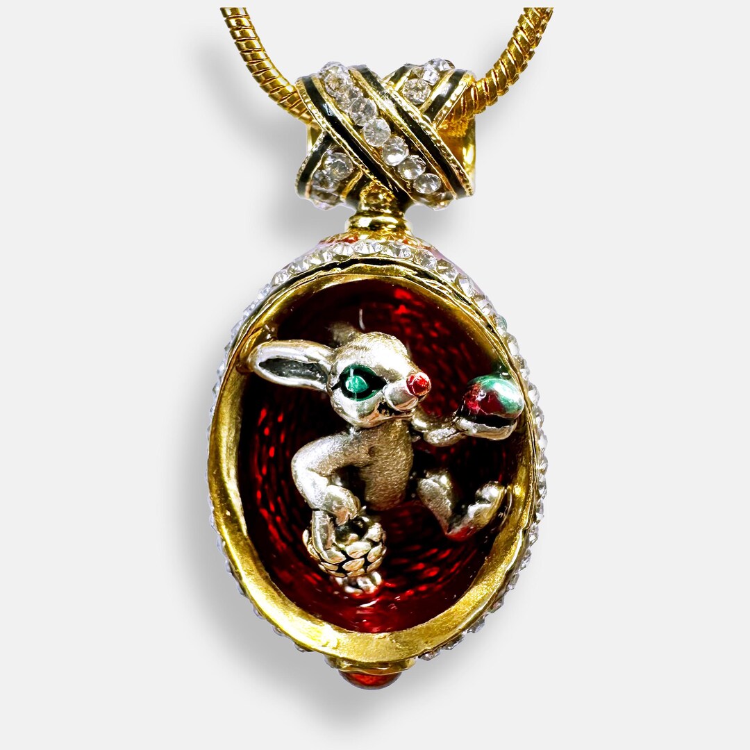 Faberge Style Rabbit Egg Pendant: Red Guilloché Enamel, Sterling Silver ...