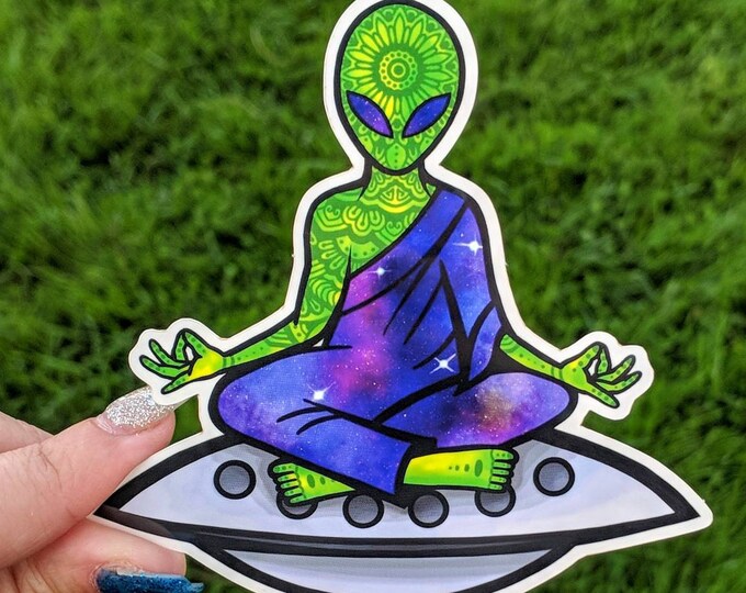 Meditating Alien Buddha on Spaceship Vinyl Sticker Decal for Car ...