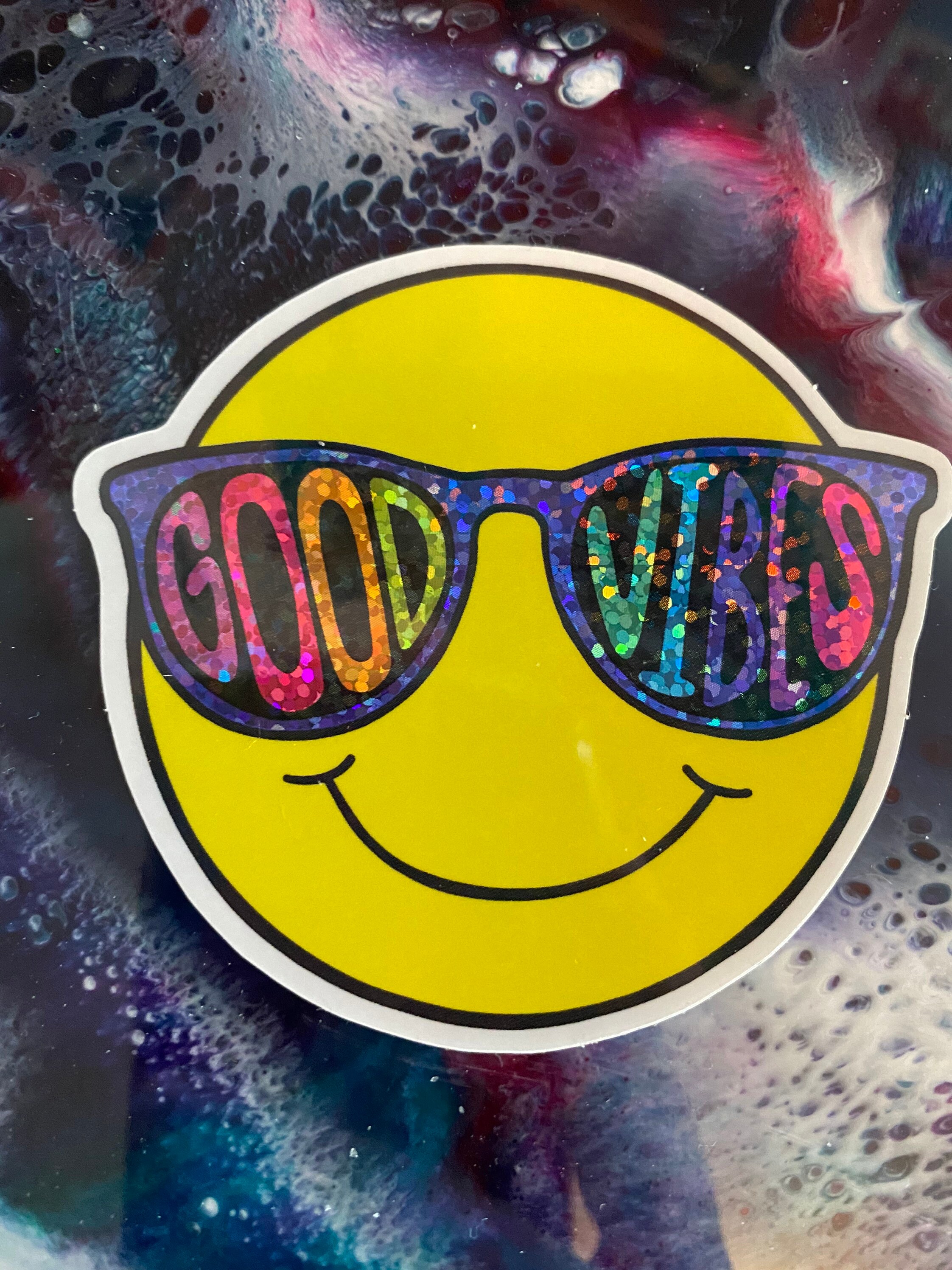Waterproof Good Vibes Smiley Face Glitter Sticker Rainbow Car | Etsy