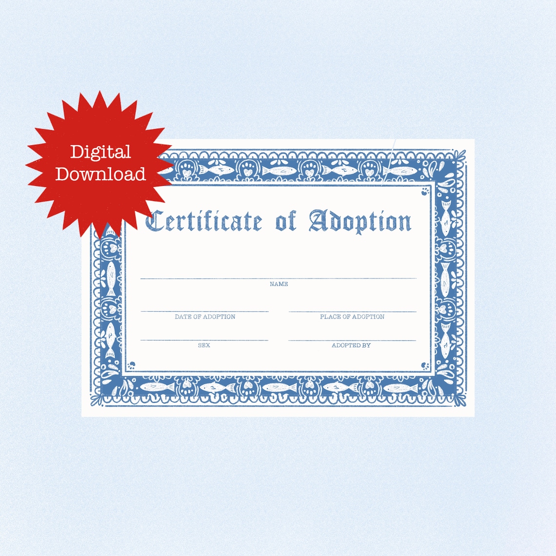 Pet Cat Adoption Certificate Print Blank Template (digital Download) - Etsy