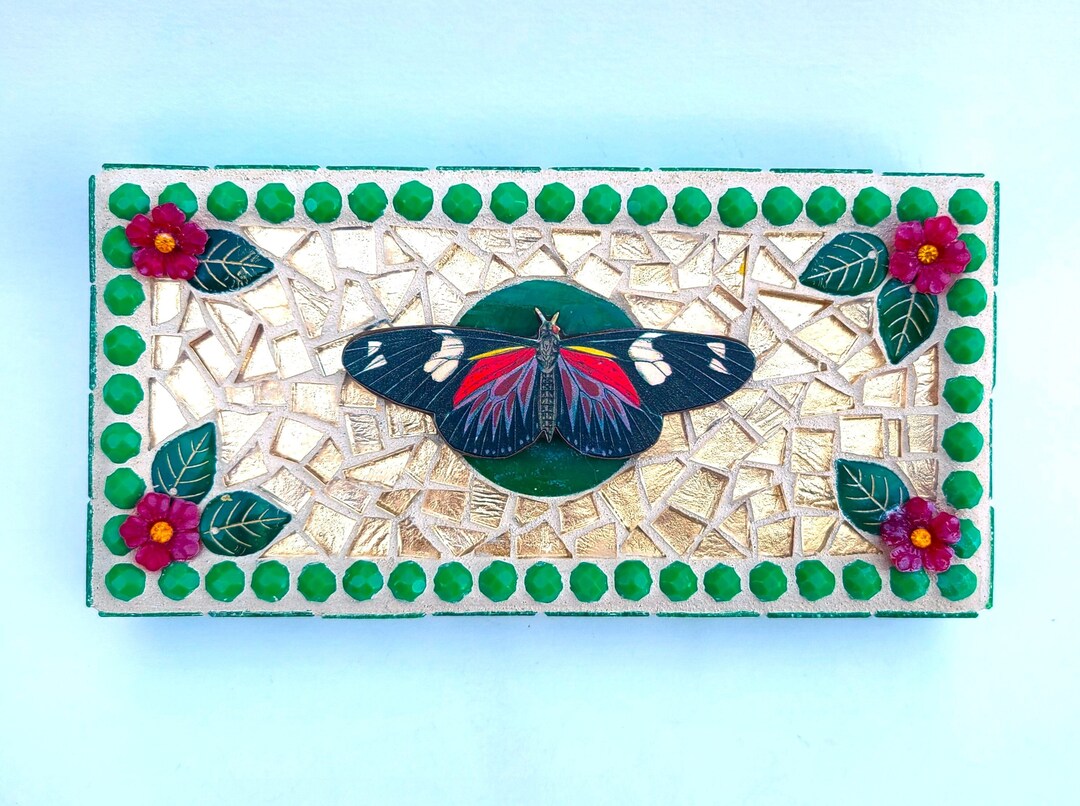 Moth Themed Mosaic Art, Insect Art, Wall Art With Moth, Green and Gold ...