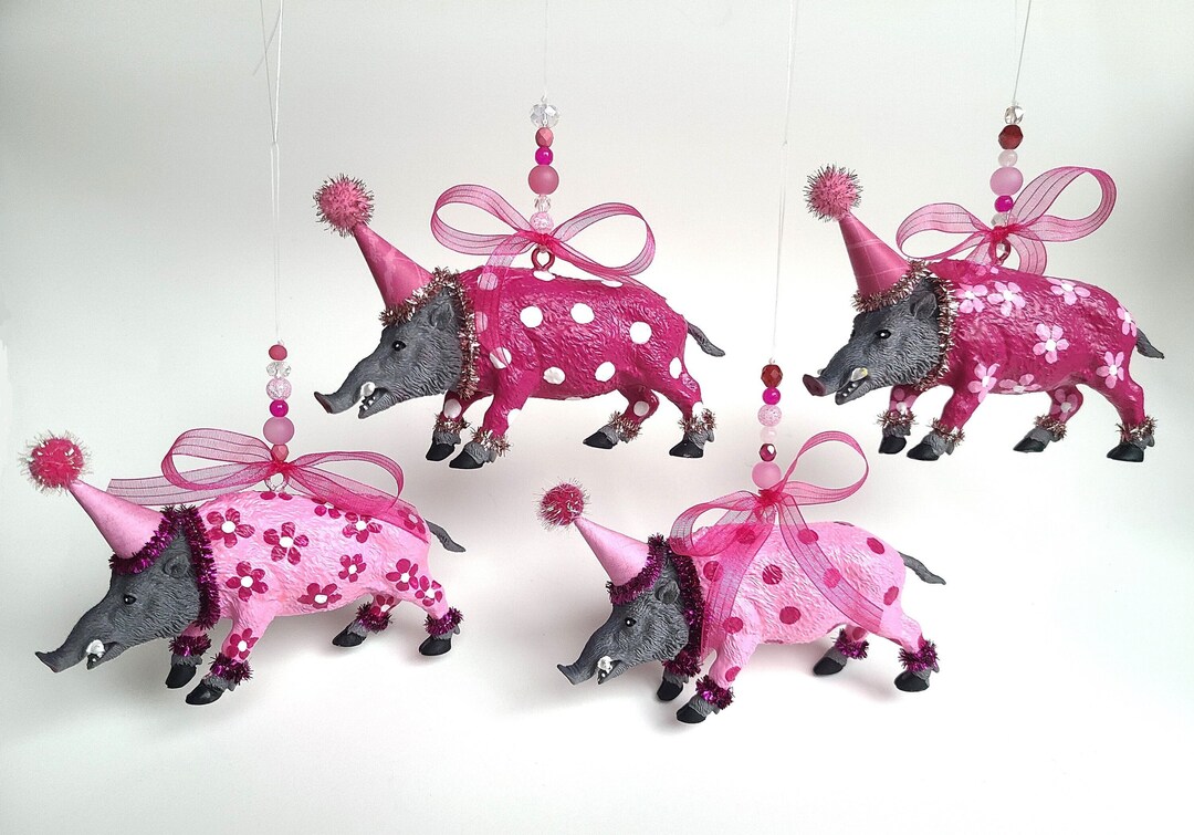 Set of Four Decorative Hand Painted Warthog Ornaments in Bright Pink ...