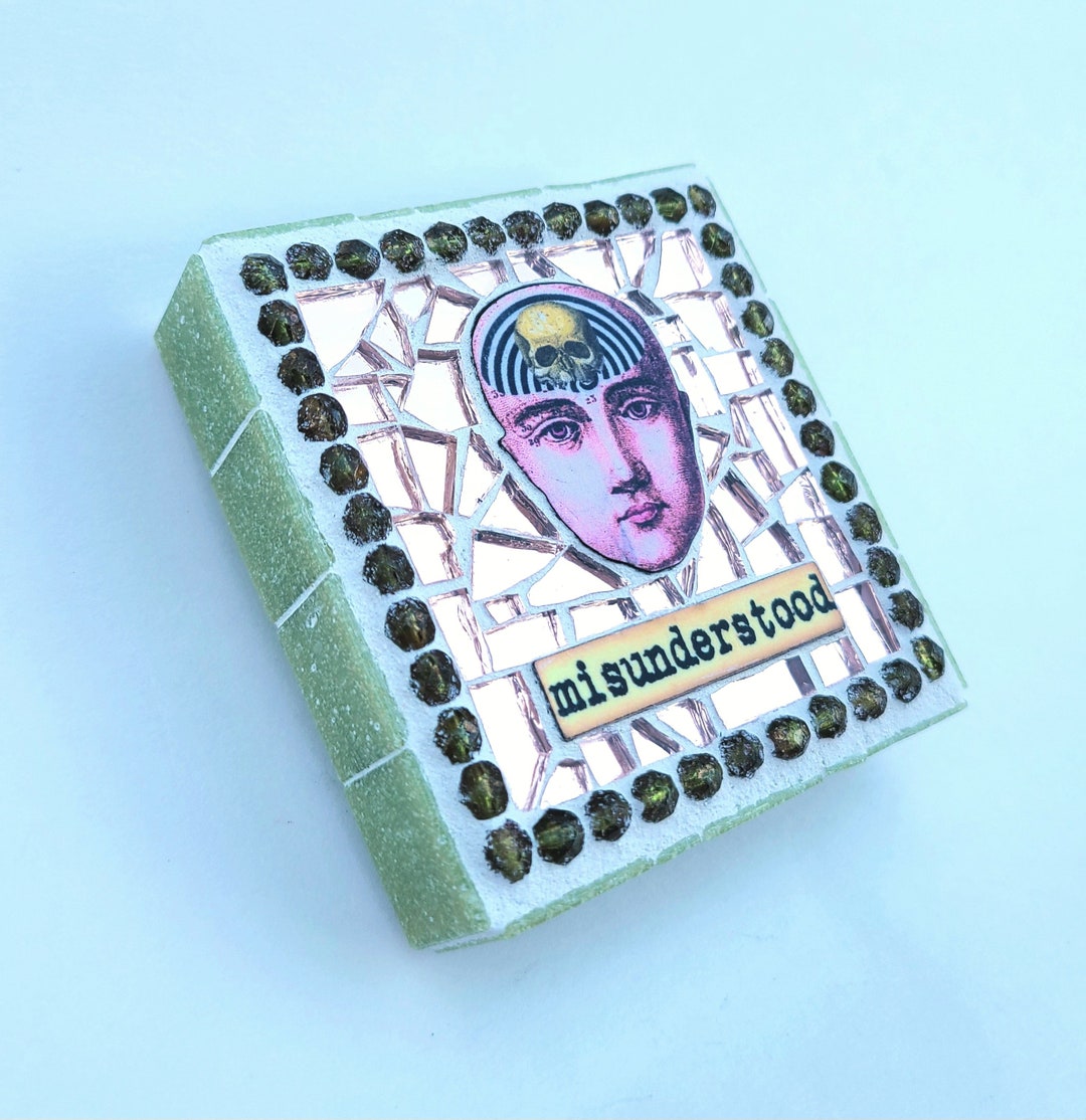 One-of-a-kind Head Skull in Brain Mixed Media Mosaic, "misunderstood ...