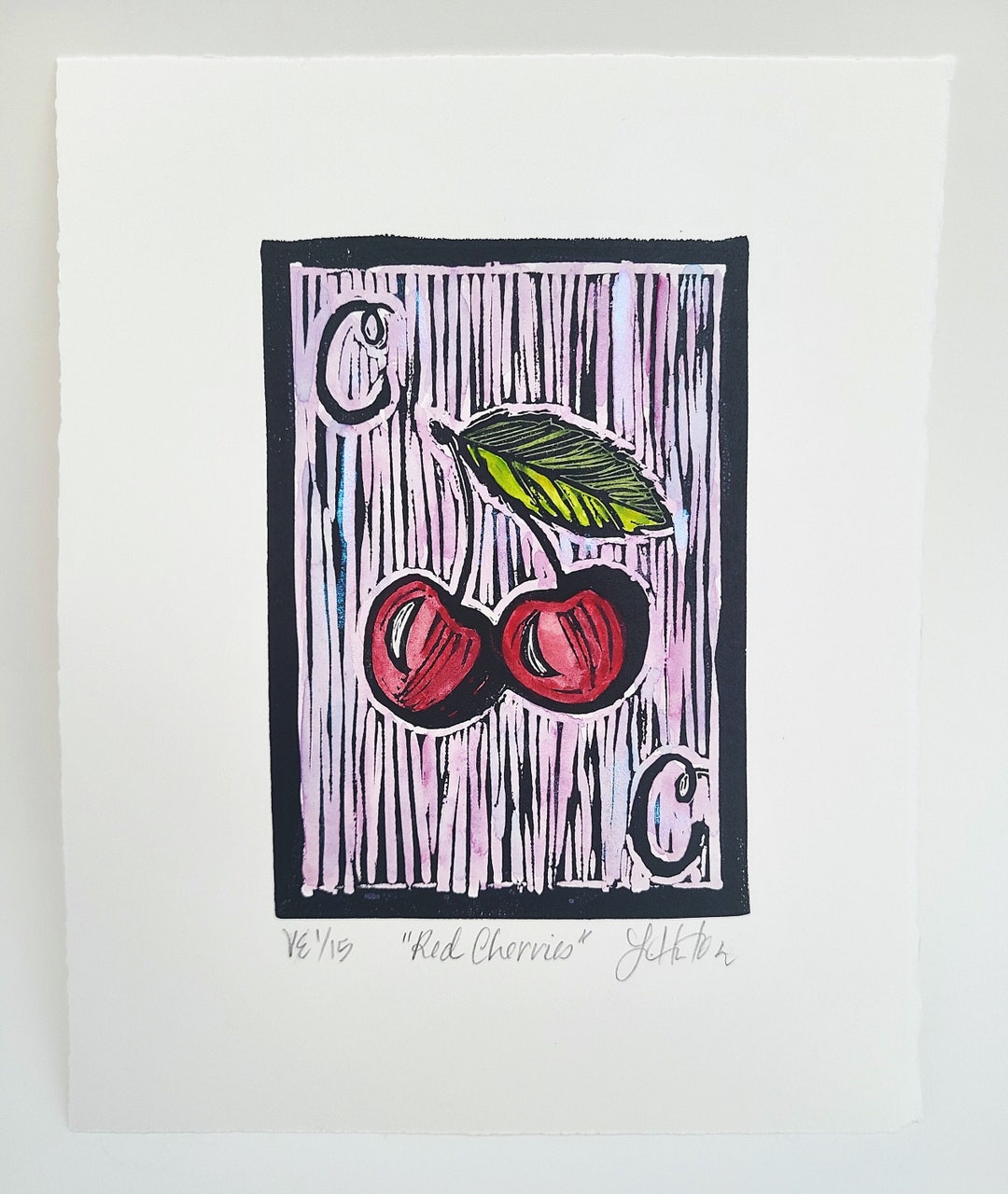 Linoleum Block Print With Watercolor Titled "red Cherries," Colorful ...