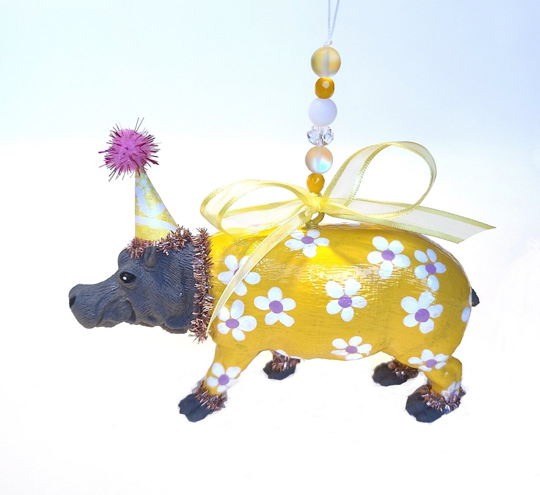 Decorative Hand Painted Hippo Ornament in Yellow, Animal-themed Home ...