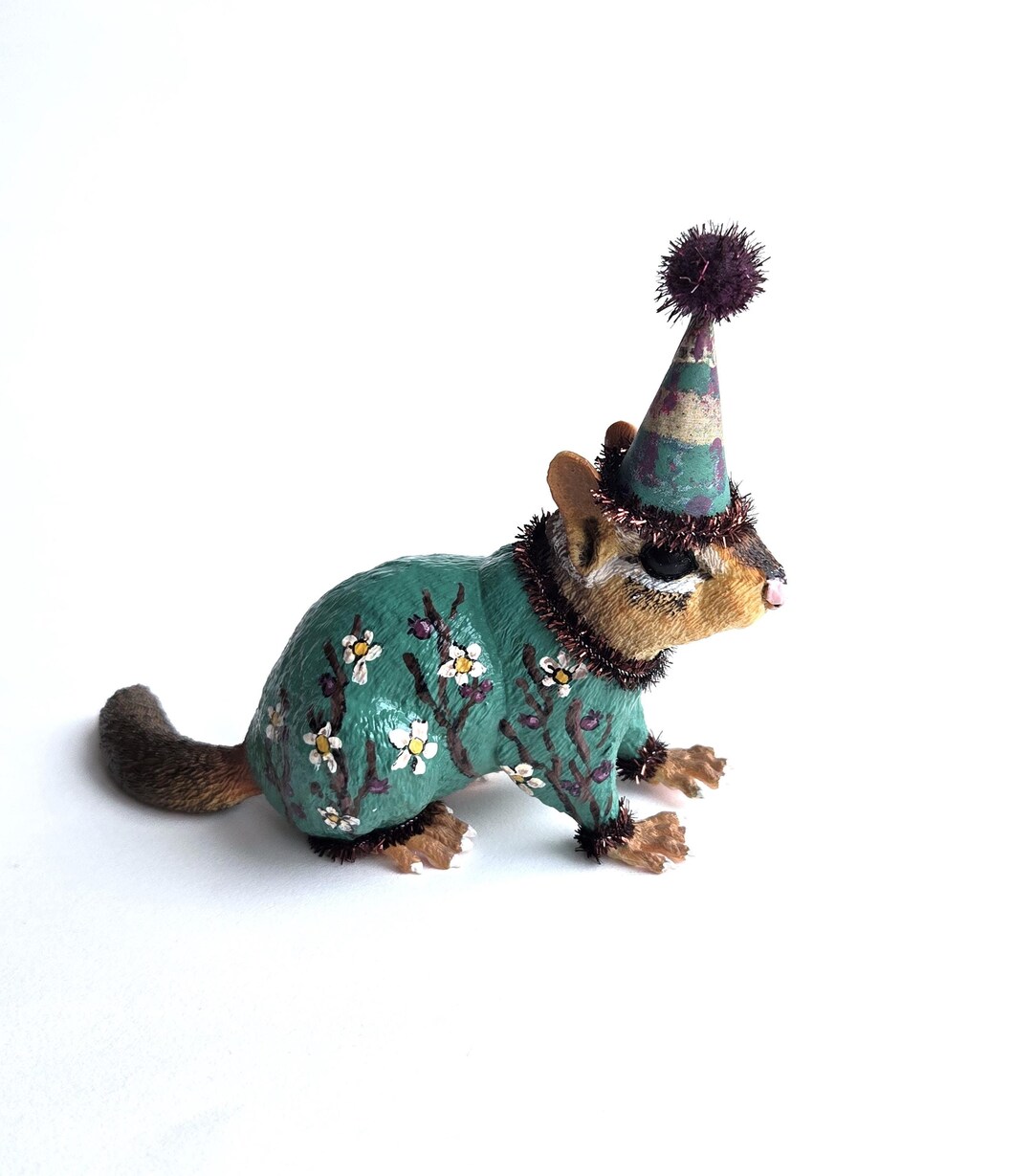 Pretty Squirrel Figurine With Party Hat and Floral Design, Mixed Media ...