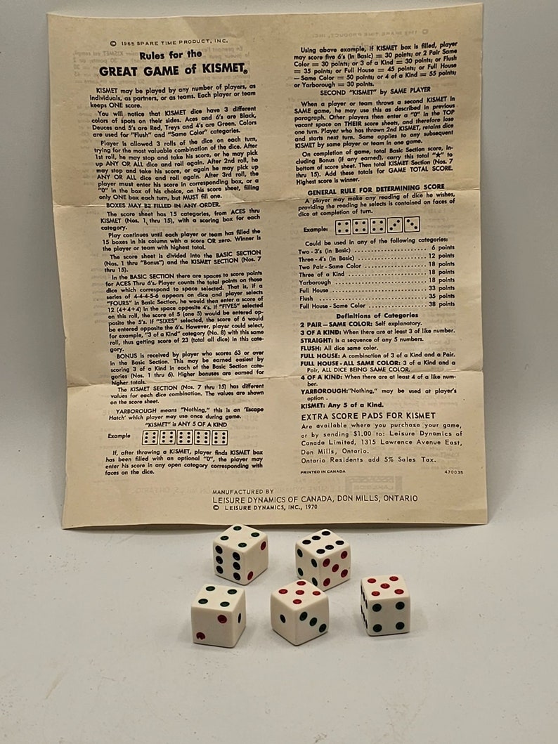Vintage 1965 Rules for Kismet and 5 Kismet Dice, Estate Sale Find - Etsy