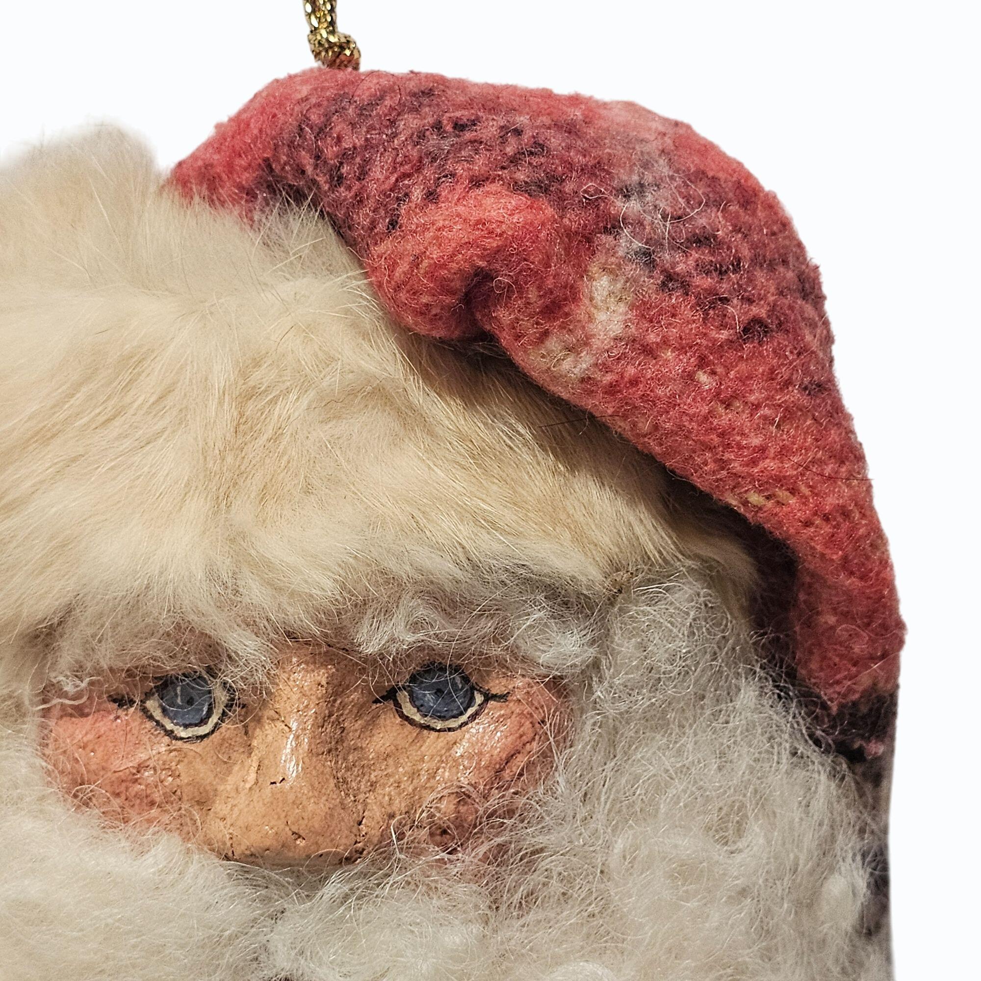 Vintage 7" Paper Mache Santa Face Ornament Wool Beard Rabbit Fur Hat ...