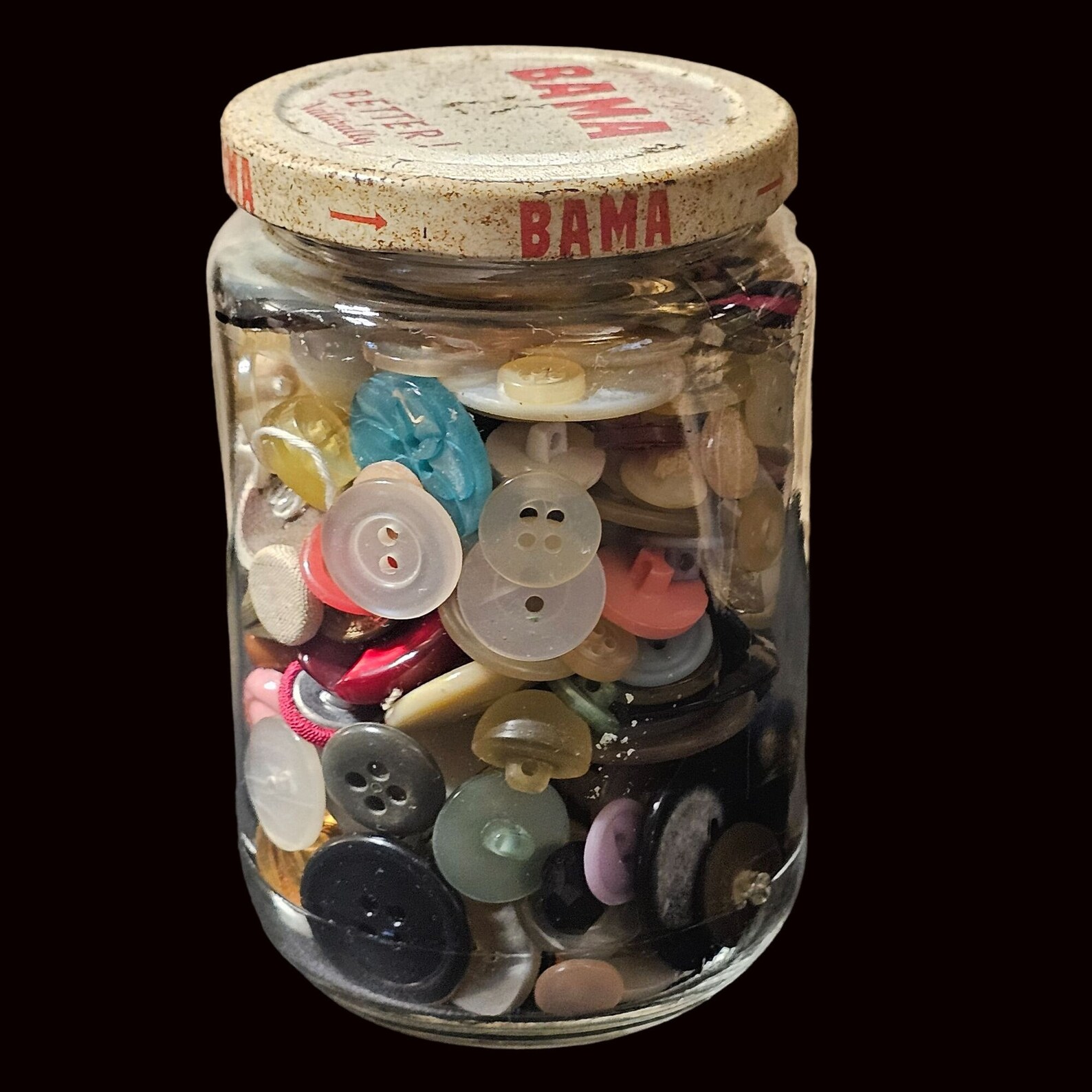 Vintage Buttons in a Bama Jelly Jar and Other Sewing Notions Hooks Eyes ...