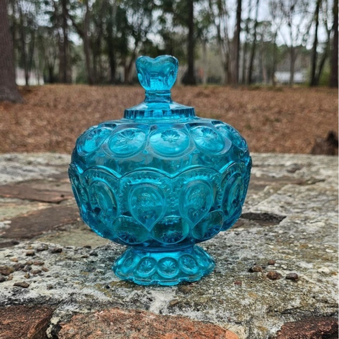 LE Smith Moon and Stars Pedestal Candy Dish With Lid; Peacock/ Blue - Etsy
