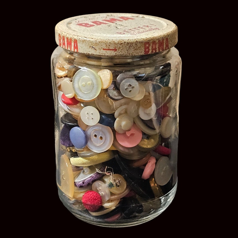 Vintage Buttons in a Bama Jelly Jar and Other Sewing Notions Hooks Eyes ...