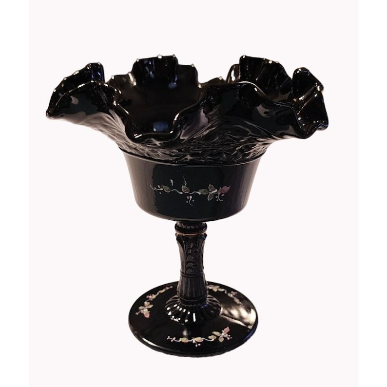 Vtg, Fenton Glossy Black Glass Compote Hand Painted Signed by P. Miller ...