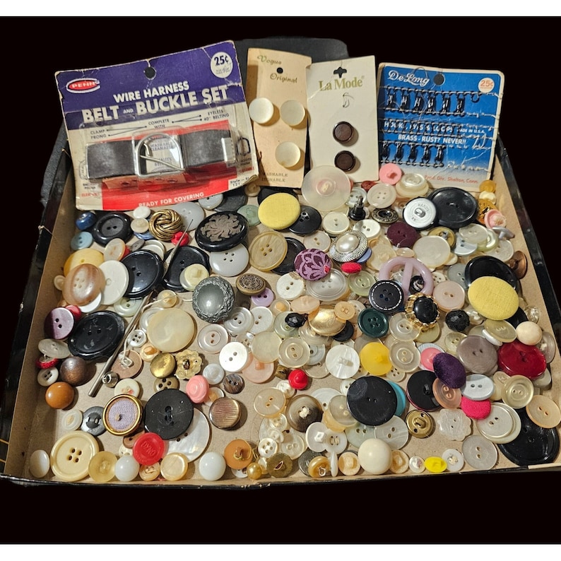 Vintage Buttons in a Bama Jelly Jar and Other Sewing Notions Hooks Eyes ...