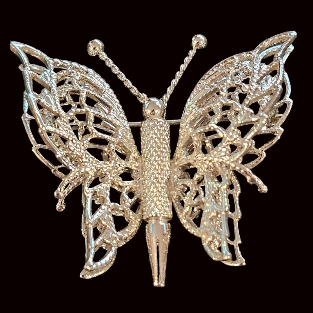 Vtg Monet Butterfly Brooch / Pin 1980s Silver Tone Filigree Marked ...