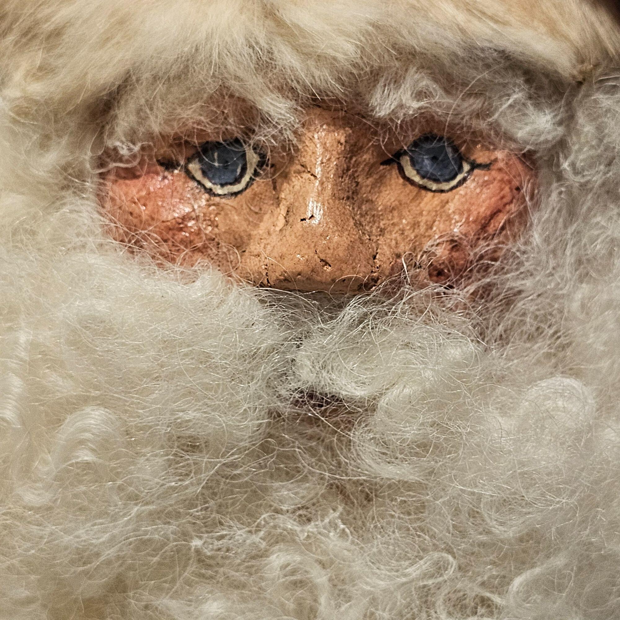 Vintage 7" Paper Mache Santa Face Ornament Wool Beard Rabbit Fur Hat ...