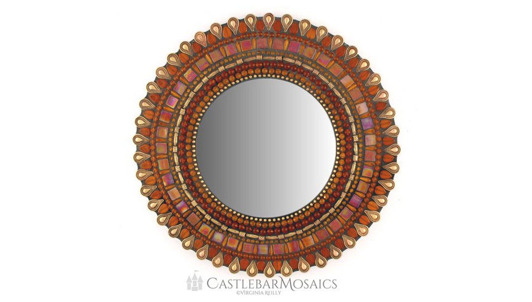 Amber Mosaic Mirror 14" - Dark Amber Mirror, Dark Orange Mirror, Round ...