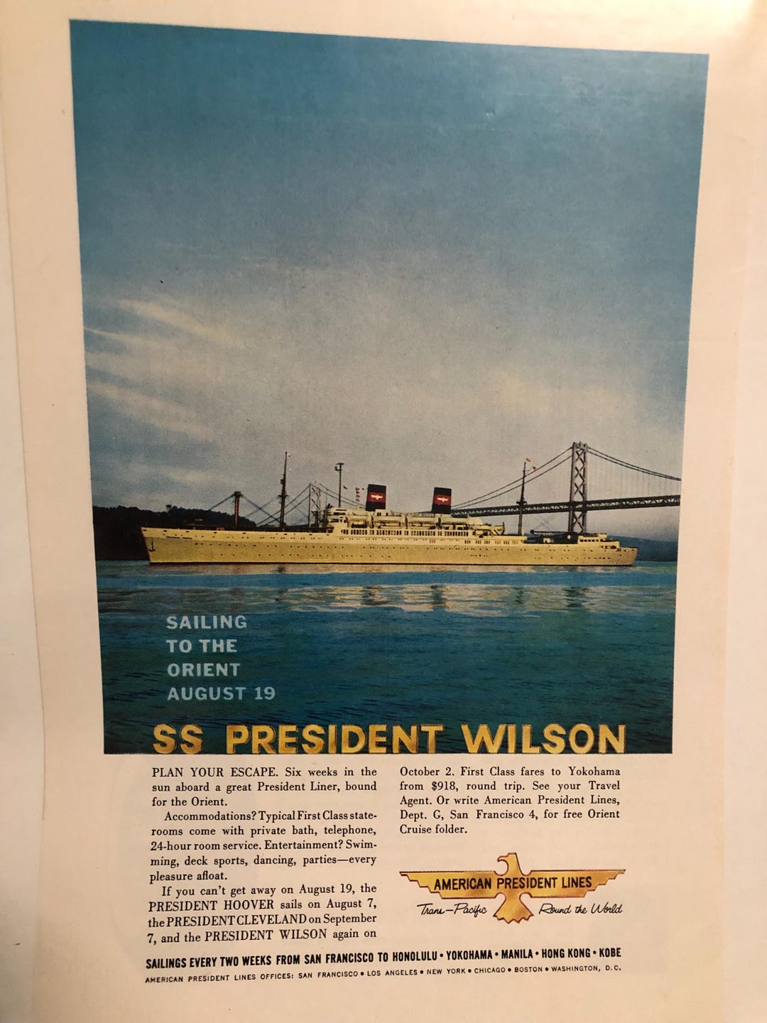 Vintage 1959 SS President Wilson Ship Ad Advertisement Ephemera - Etsy