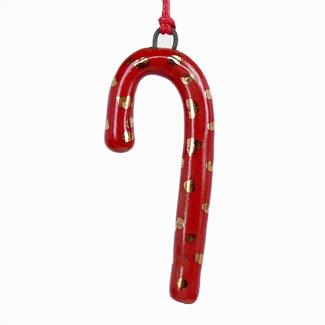 Ornament Stoneware Ceramic Candy Cane Red Gold Polka Dots - Etsy