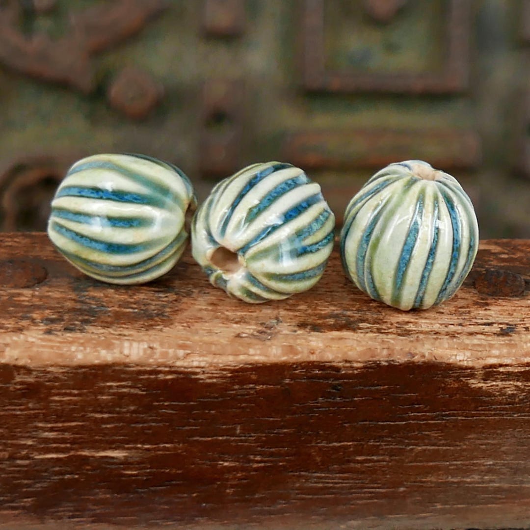 Stoneware Beads Stripe Rib Blue Water Blue Handmade Pottery Beads - Etsy