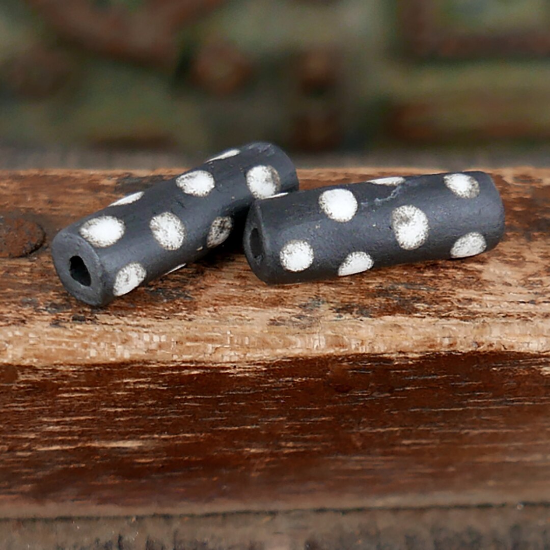 Ceramic Tube Beads Matte Black White Polka Dots Handmade Pottery Beads ...