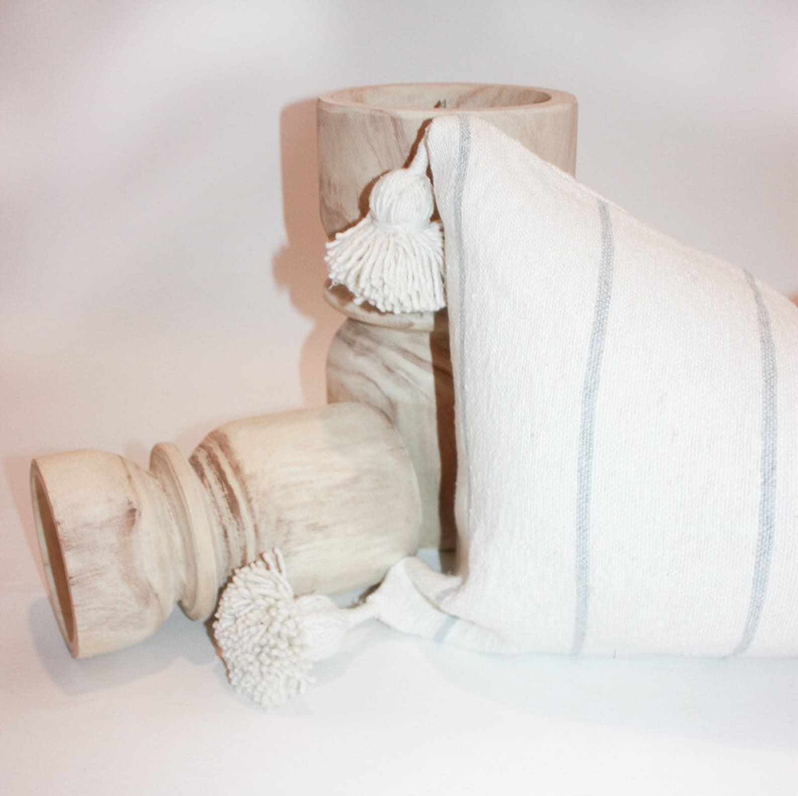 Woven White and Gray Stripe Tassel Pillow Kidney Cover // Pom | Etsy