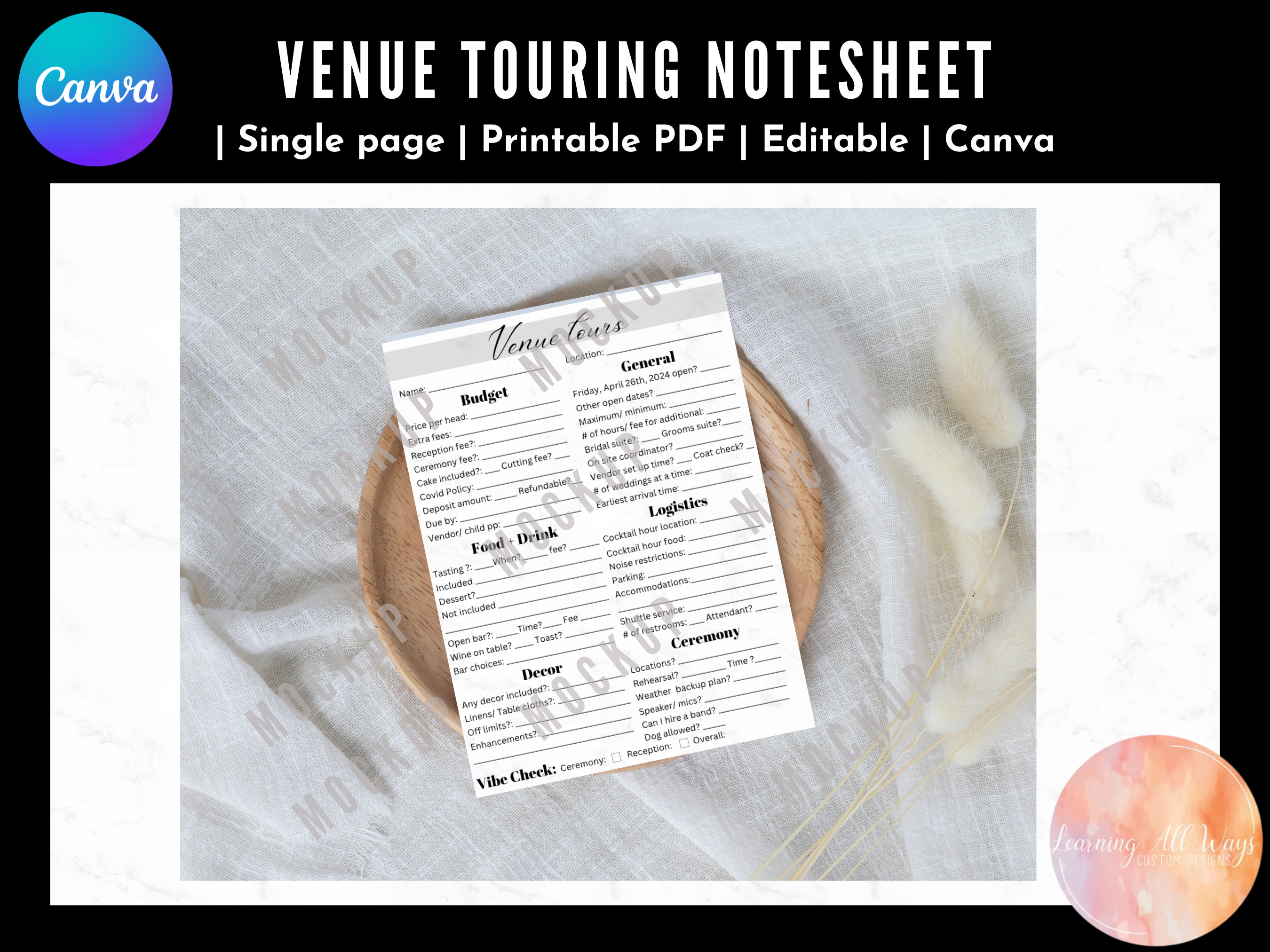Venue Tour Note-sheet DIGITAL DOWNLOAD | Printable | Editable | Canva ...