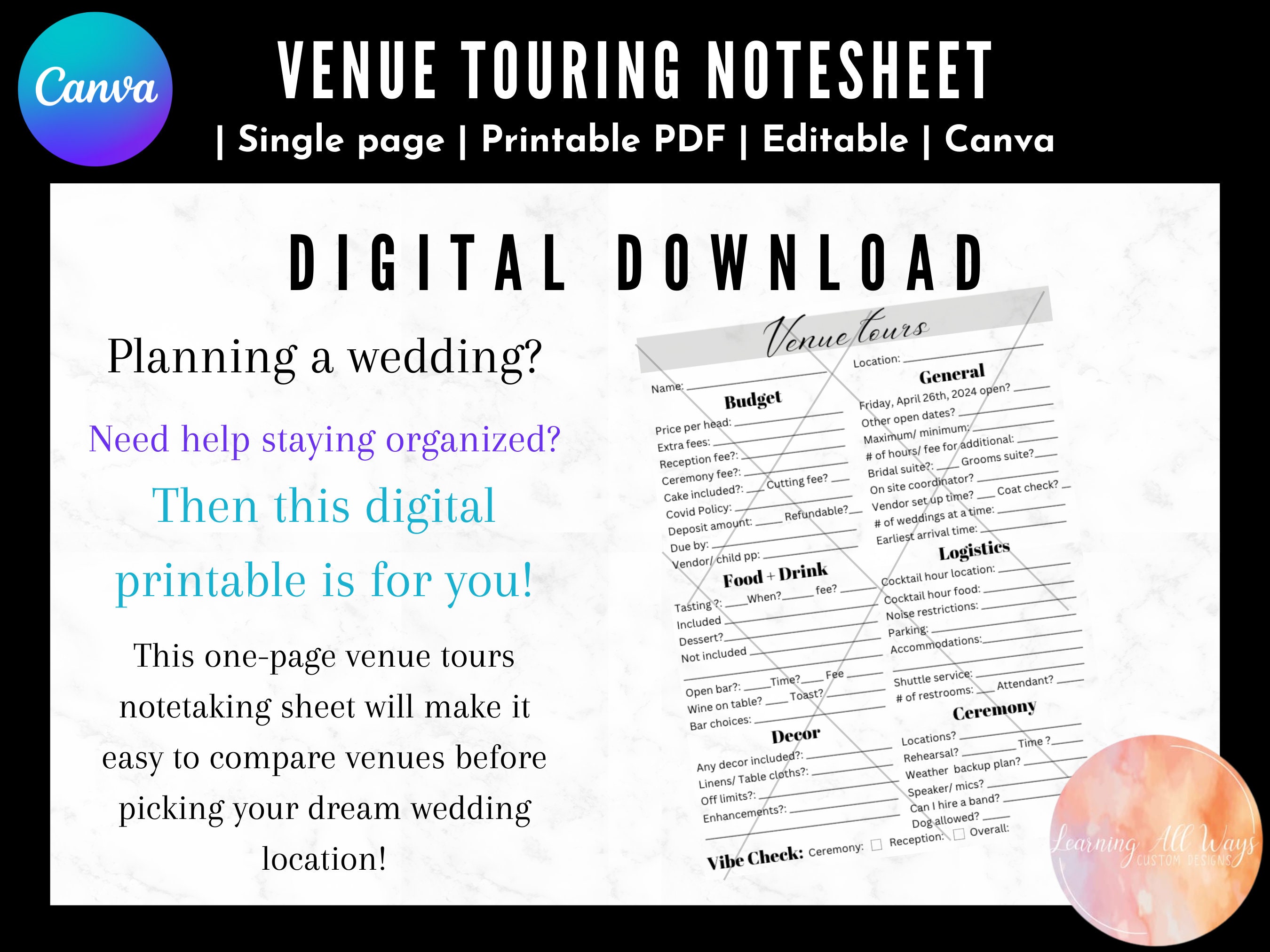 Wedding Venue Tour Note Sheet | Editable Canva Template (digital ...