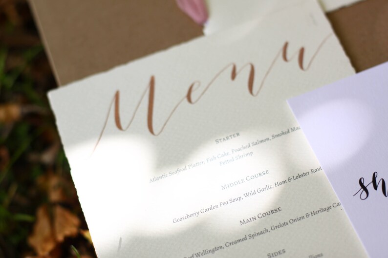 MENUS + PLACE CARDS in Gold Calligraphy Hand Lettering (white/metallic ...