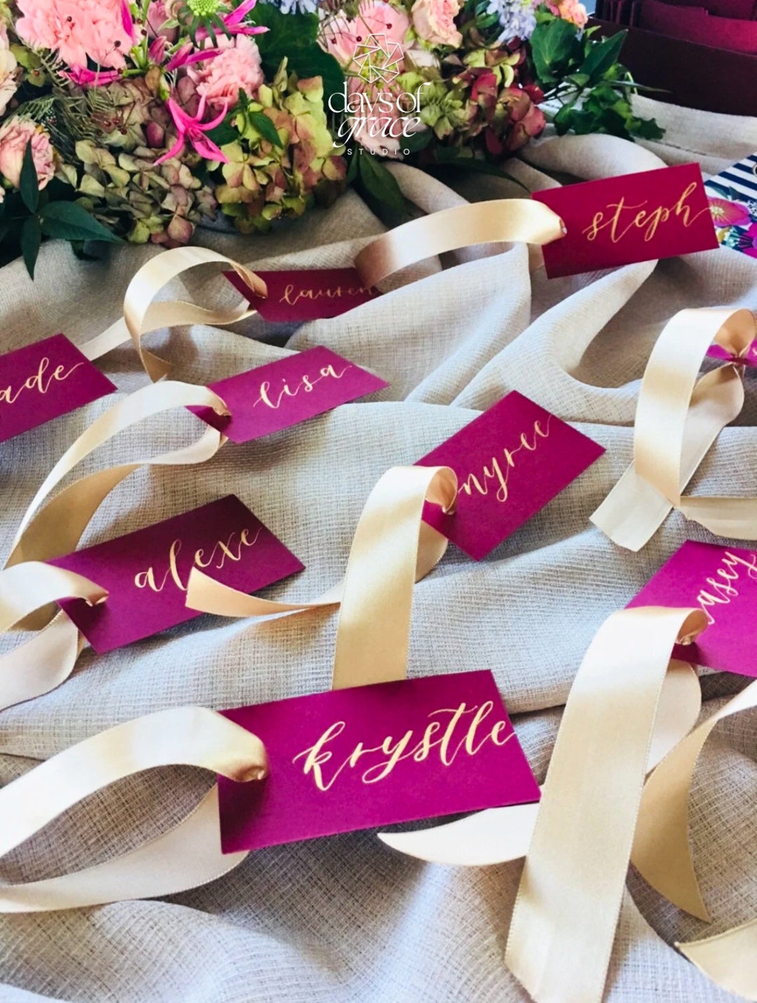 Name Tags | Gold Calligraphy Ink on Burgundy Card and Gold Satin Ribbon ...