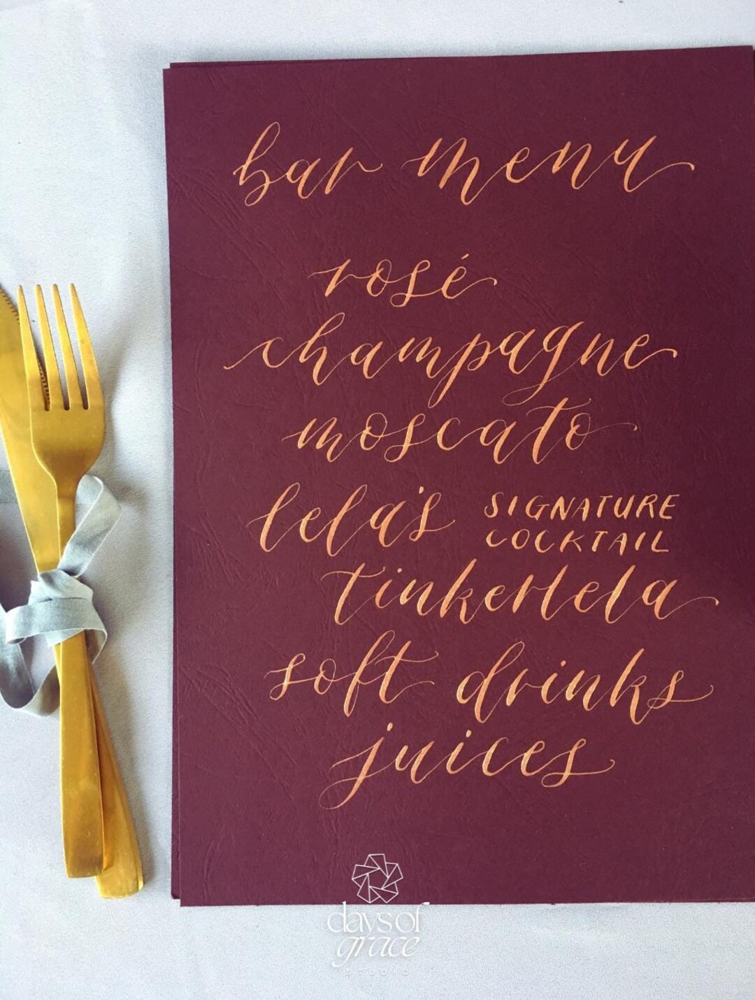 Menu Sign | Bar Menu - Burgundy Card With Gold Calligraphy Lettering - Etsy