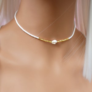 White Shell Choker Necklace, White and Gold Beaded Choker, Beach Choker ...