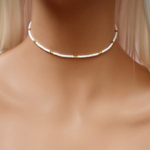 White Shell Choker Necklace, White and Gold Beaded Choker, Beach Choker ...