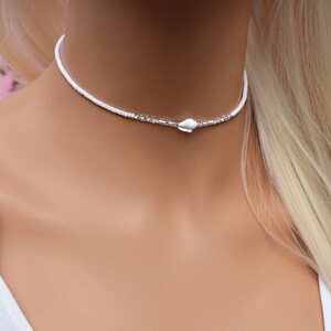 Shell Choker Necklace, Seashell Choker, White and Silver Beaded Shell ...