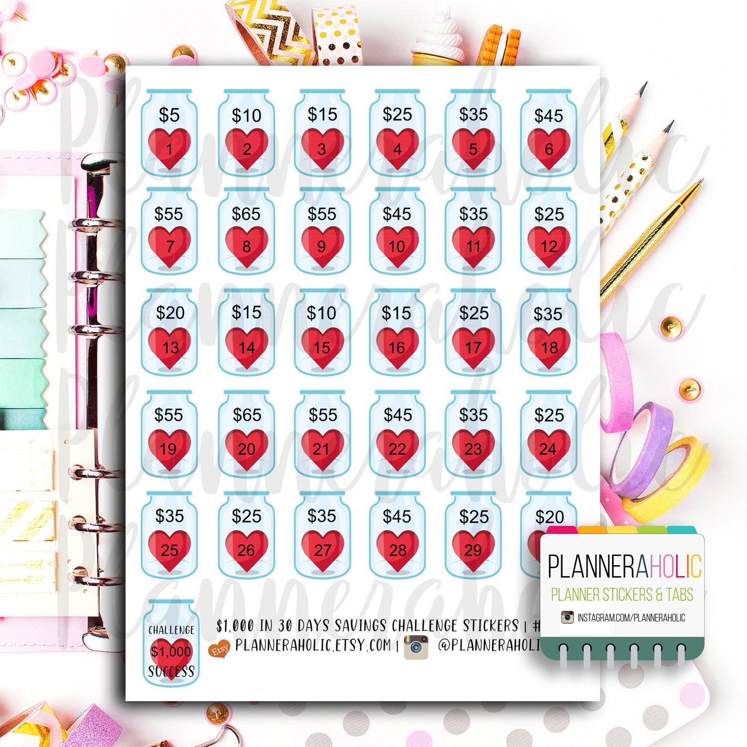 1,000 Dollars in 30 Days Savings Challenge Stickers | Erin Condren ...