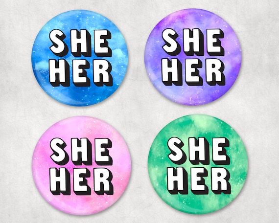 SHE HER Pronoun Badge 1.25 32mm Watercolour Galactic - Etsy