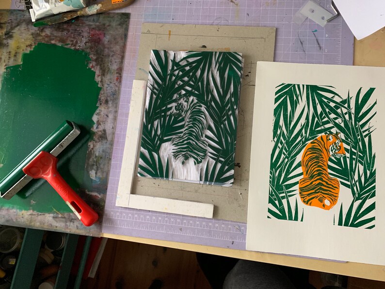 Tiger Linoprint Animal Linocut Jungle Decor Wall Art - Etsy