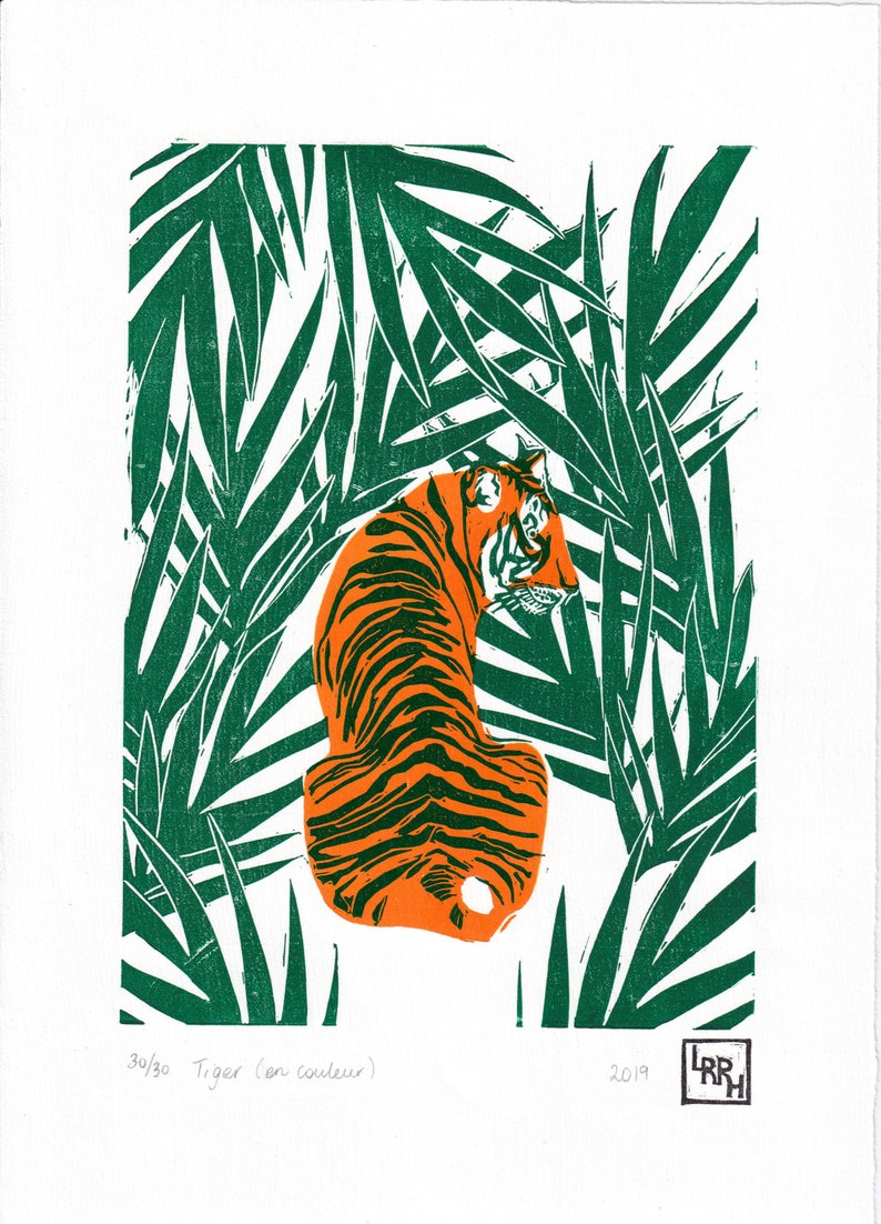 Tiger Linoprint Animal Linocut Jungle Decor Wall Art - Etsy