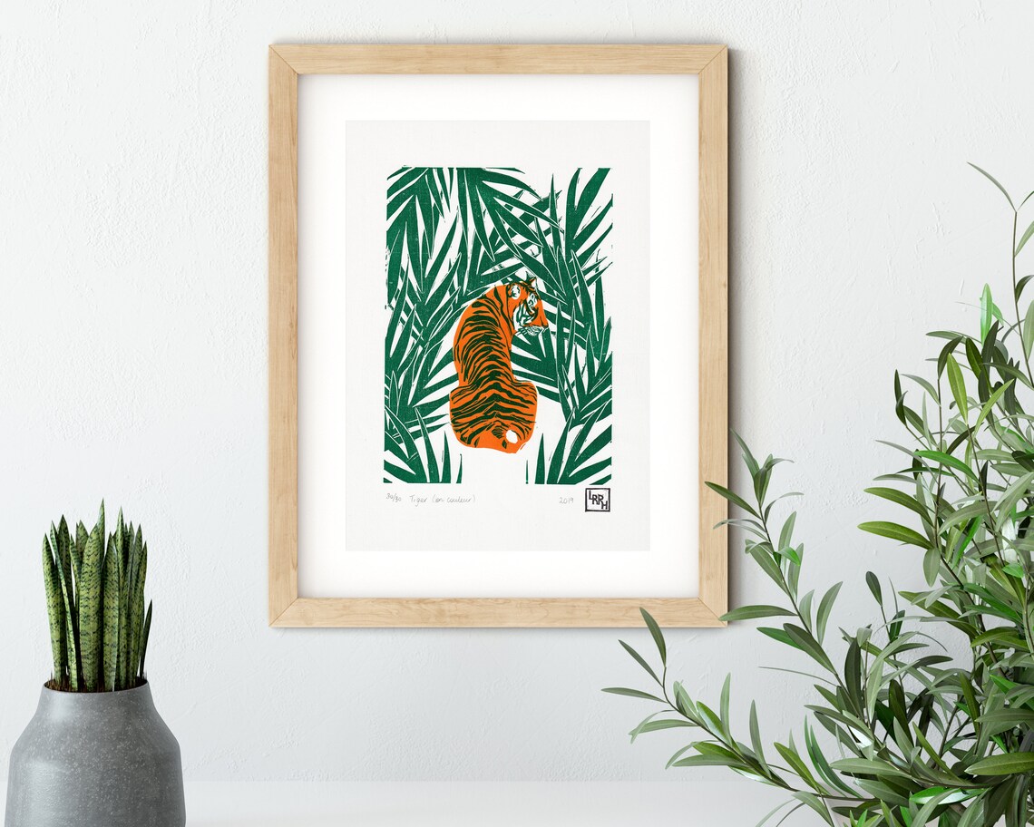 Tiger Linoprint Animal Linocut Jungle Decor Wall Art - Etsy