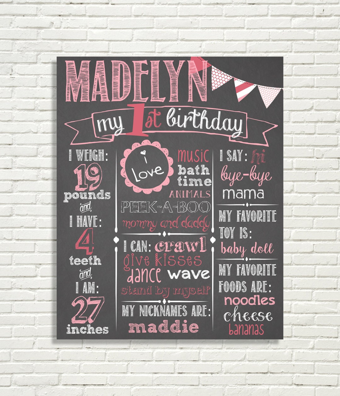 First Birthday Chalkboard Poster Sign 16x20 Banner Pendant Flags Pink ...